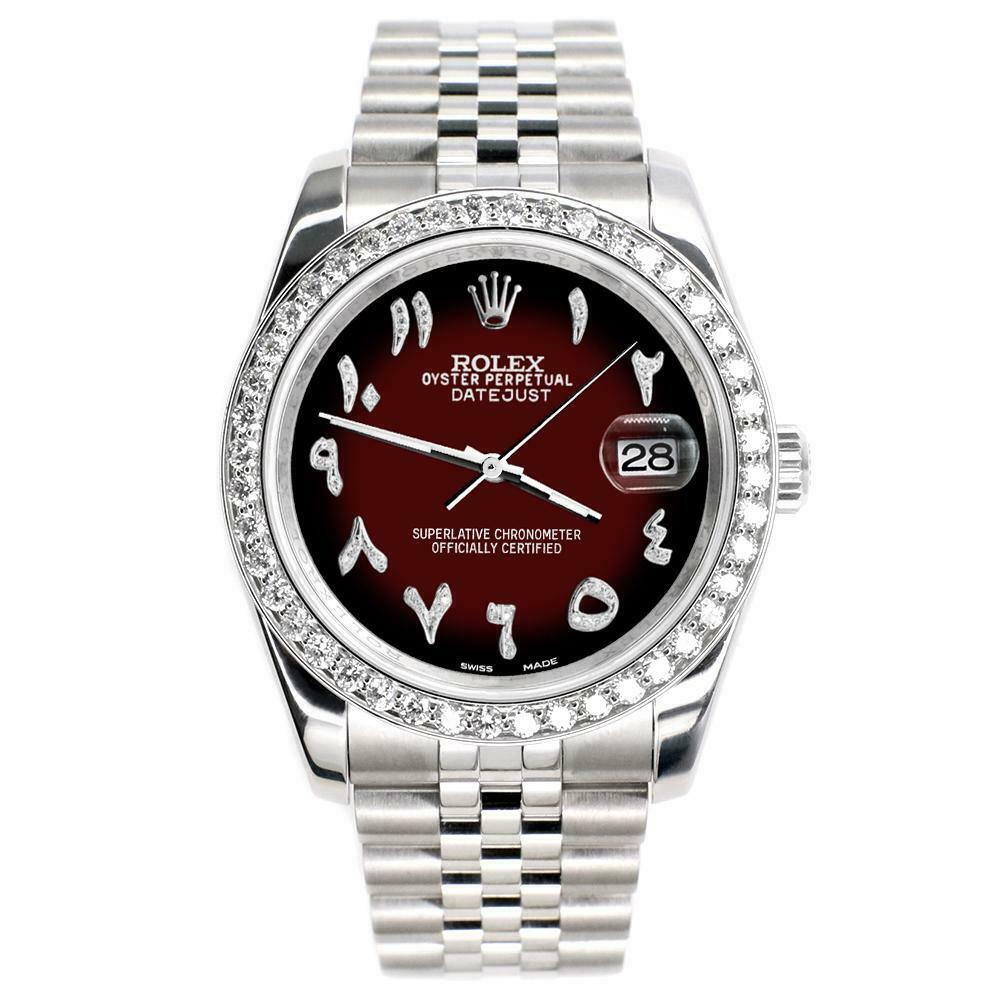 Rolex Datejust 116200 36mm 2ct Diamond Bezel/Maroon Vignette Arabic ...